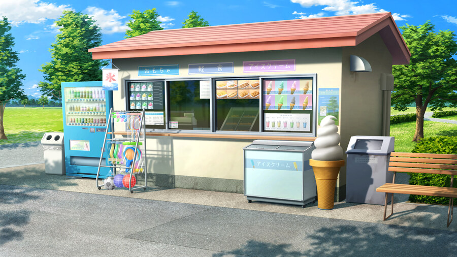【フリー素材】公園の売店（3枚）【背景イラスト】｜ みんちりえ